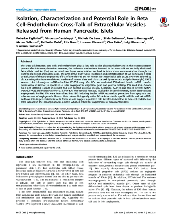 (PDF) Isolation, Characterization and Potential Role in Beta Cell-Endothelium Cross-Talk of ...