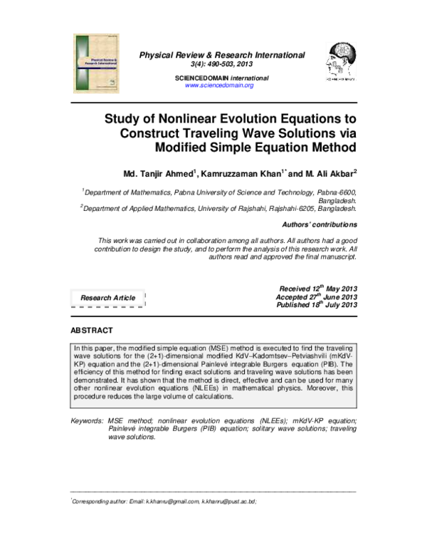 (PDF) Study of Nonlinear Evolution Equations to Construct Traveling Wave Solutions via Modified ...