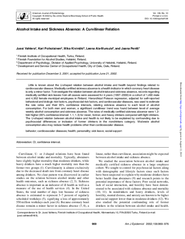 (PDF) Alcohol Intake and Sickness Absence: A Curvilinear Relation ...