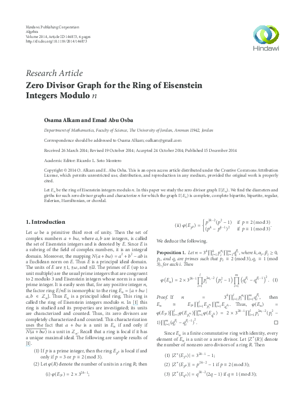 (PDF) Zero Divisor Graph for the Ring of Eisenstein Integers Modulo n