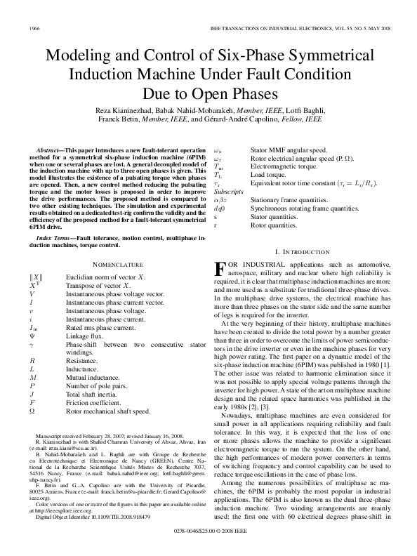(PDF) Modeling and Control of Six-Phase Symmetrical Induction Machine Under Fault Condition Due ...