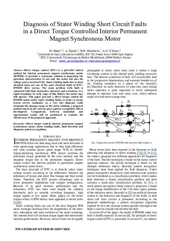 Pdf Diagnosis Of Stator Winding Short Circuit Faults In A Direct
