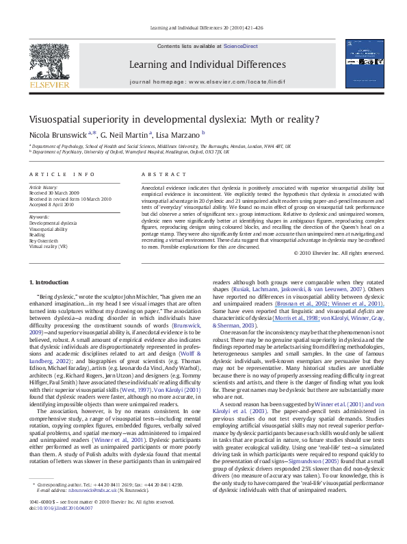 (PDF) Visuospatial superiority in developmental dyslexia: Myth or reality?