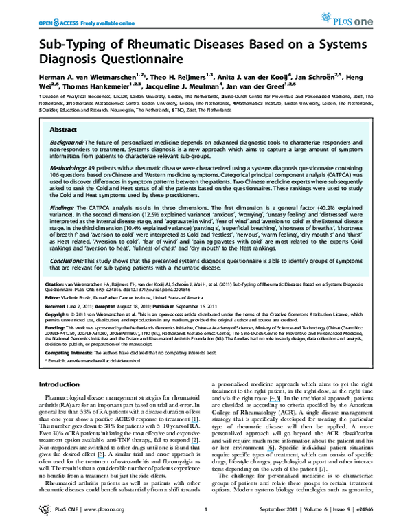 (PDF) Sub-typing of rheumatic diseases based on a systems diagnosis questionnaire