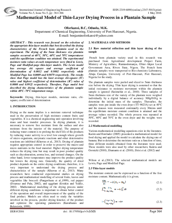 (PDF) Mathematical Model of Thin-Layer Drying Process in a Plantain Sample
