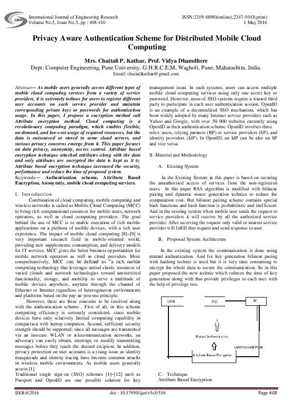 (PDF) Privacy Aware Authentication Scheme for Distributed Mobile Cloud Computing