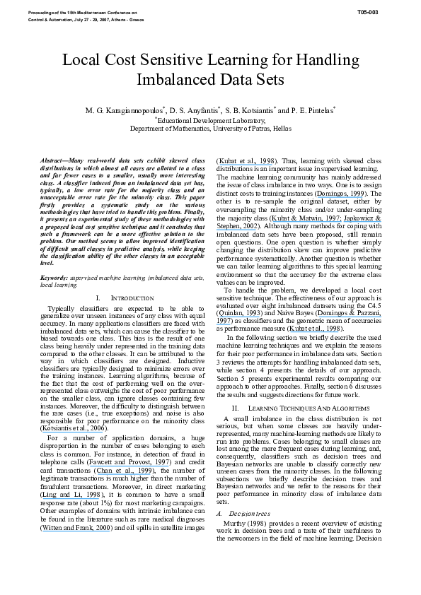 (PDF) Local cost sensitive learning for handling imbalanced data sets