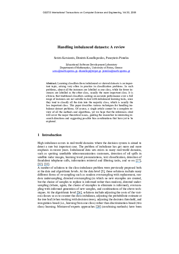 (PDF) Handling imbalanced datasets: A review (PDF) Handling imbalanced datasets: A review
