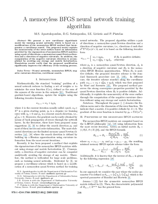 Pdf A Memoryless Bfgs Neural Network Training Algorithm
