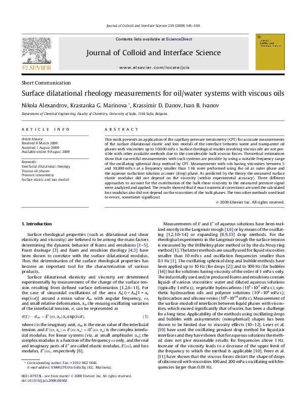 (PDF) Surface dilatational rheology measurements for oil/water systems ...