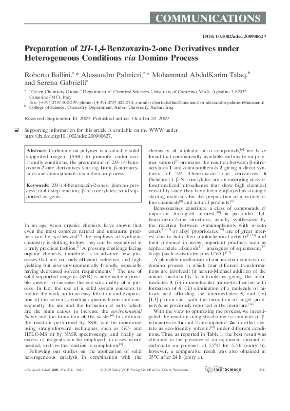 (PDF) Preparation of 2 H -1,4-Benzoxazin-2-one Derivatives under Heterogeneous Conditions via ...
