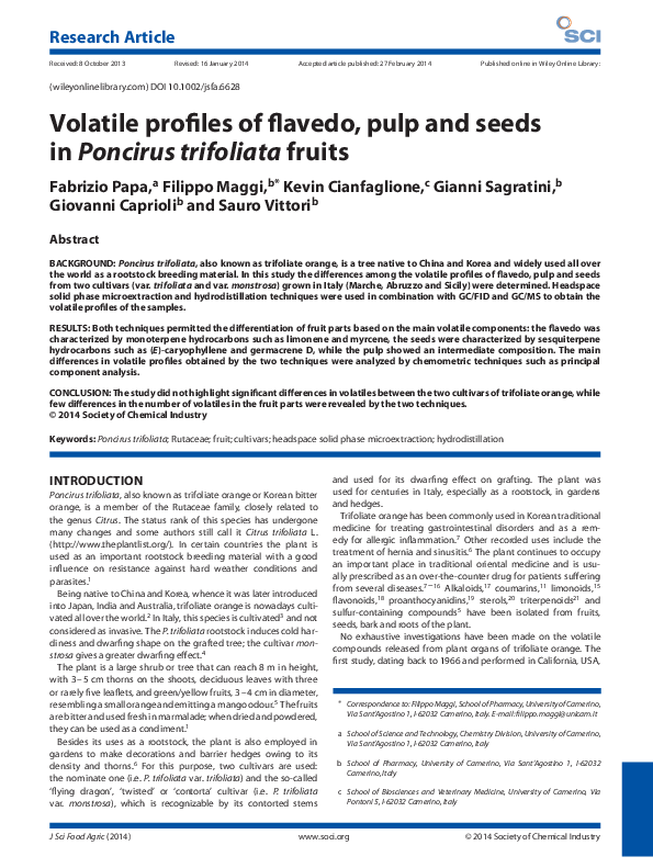 Pdf Volatile Profiles Of Flavedo Pulp And Seeds In Poncirus Trifoliata Fruits