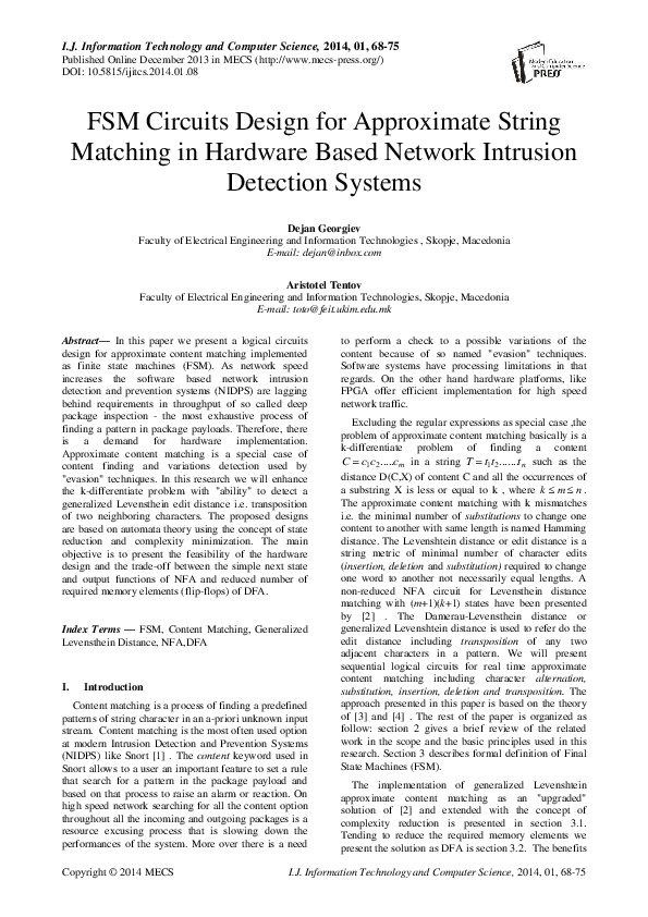 Pdf Fsm Circuits Design For Approximate String Matching In Hardware Based Network Intrusion