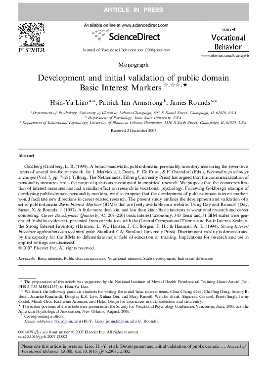 (PDF) Development and initial validation of public domain Basic Interest Markers