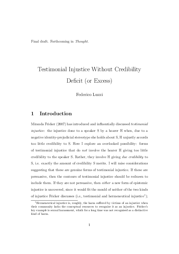 (PDF) Testimonial Injustice Without Credibility Deficit (or Excess ...