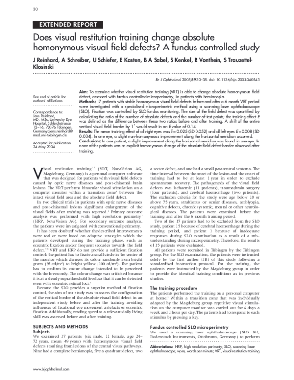 (PDF) Does visual restitution training change absolute homonymous ...
