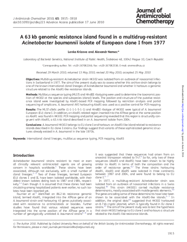 (PDF) A 63 kb genomic resistance island found in a multidrug-resistant ...
