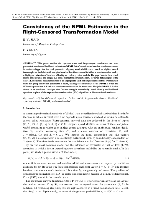 (PDF) Consistency of the NPML Estimator in the Right-Censored Transformation Model | Eric Slud ...