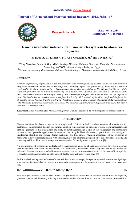 (PDF) Gamma irradiation induced silver nanoparticles synthesis by Monascus purpureus