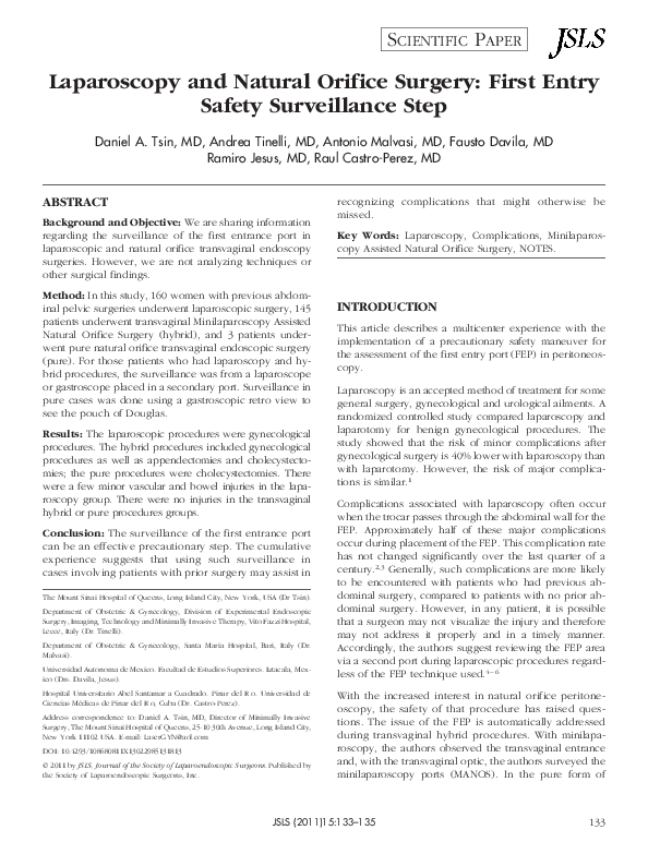 (PDF) Laparoscopy and Natural Orifice Surgery: First Entry Safety Surveillance Step