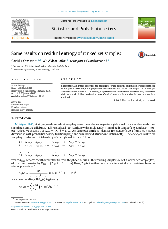 (PDF) Some results on residual entropy of ranked set samples