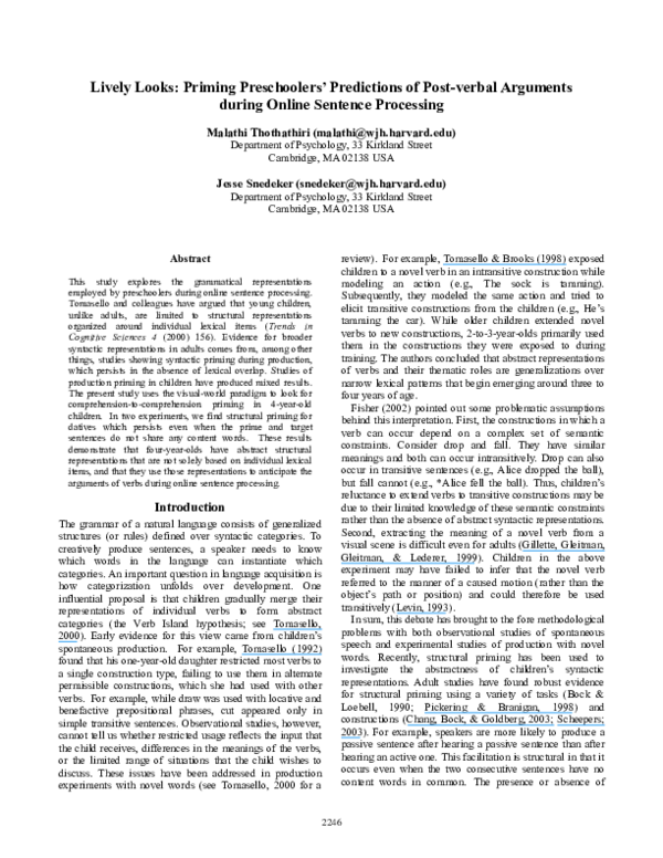 (PDF) Lively Looks: Priming Preschoolers’ Predictions of Post-verbal Arguments during Online ...