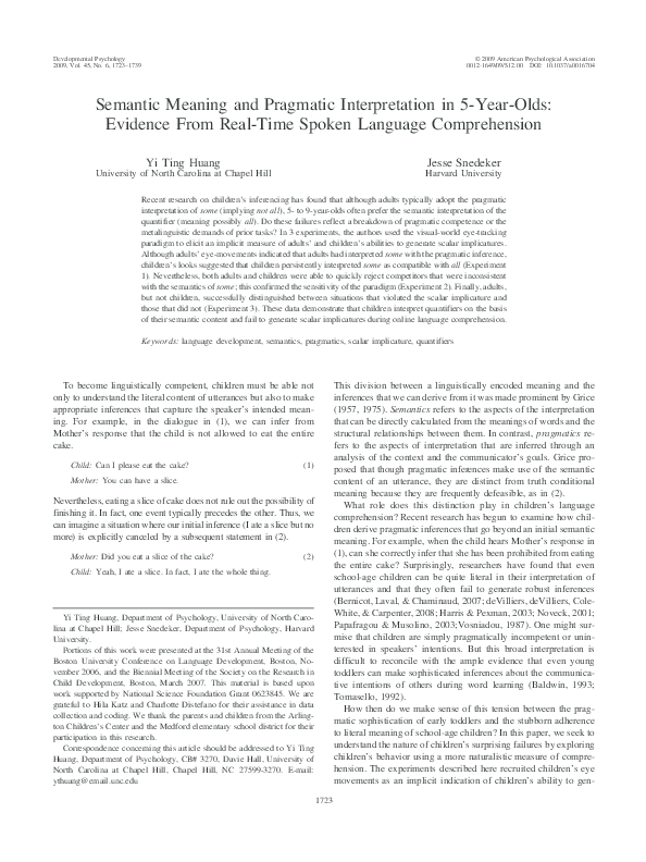 (PDF) Semantic meaning and pragmatic interpretation in 5-year-olds: Evidence from real-time ...