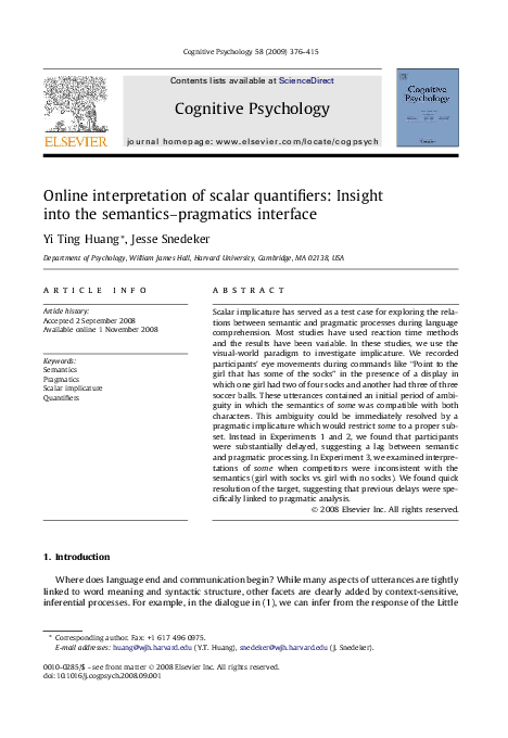 Pdf Online Interpretation Of Scalar Quantifiers Insight Into The Semantics Pragmatics Interface