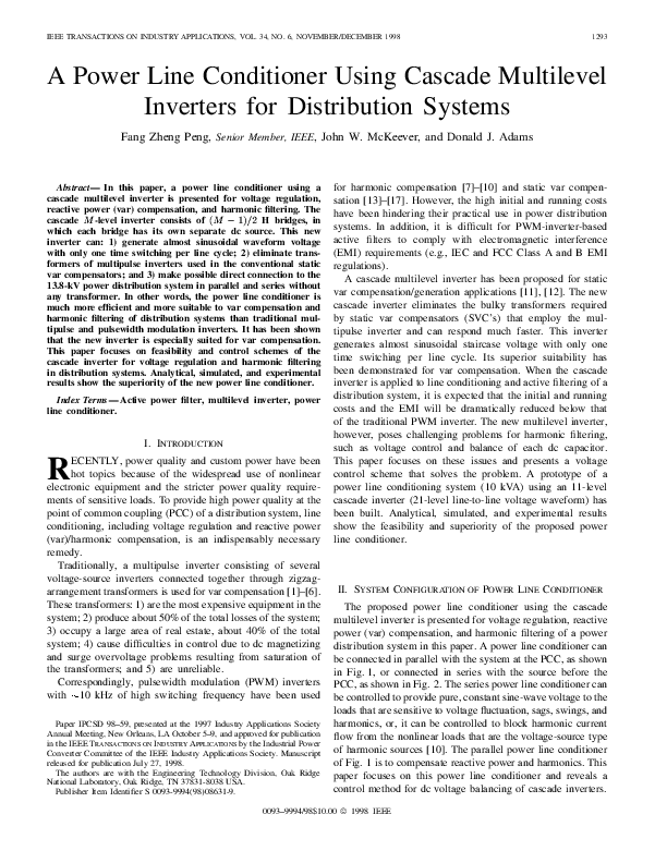 (PDF) A power line conditioner using cascade multilevel inverters for distribution systems