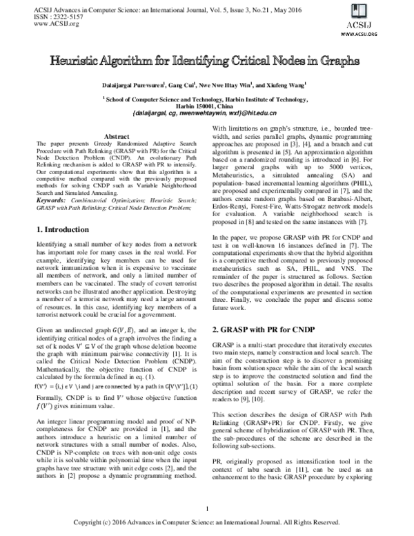 Pdf Heuristic Algorithm For Identifying Critical Nodes In Graphs
