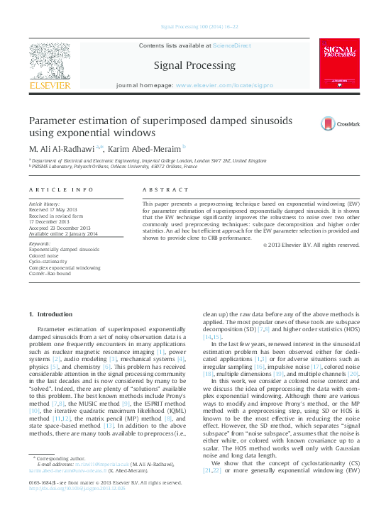 (PDF) Parameter estimation of superimposed damped sinusoids using exponential windows