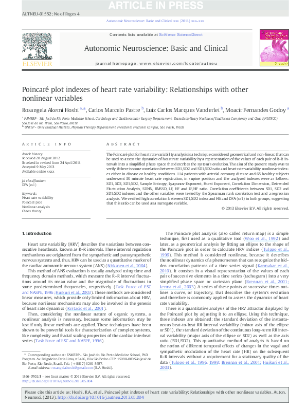 Pdf Poincaré Plot Indexes Of Heart Rate Variability Relationships With Other Nonlinear