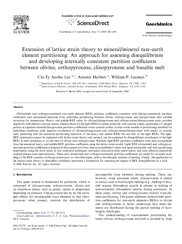 (PDF) Extension of lattice strain theory to mineral/mineral rare-earth element partitioning: an ...