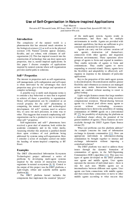 (PDF) Use of Self-Organisation in Nature-inspired Applications