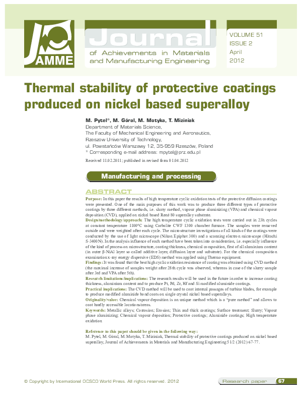 (PDF) Thermal stability of protective coatings produced on nickel based superalloy