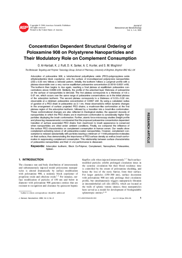 (PDF) Concentration Dependent Structural Ordering of Poloxamine 908 on ...