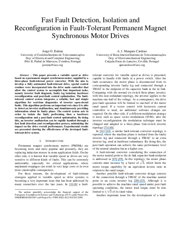 Pdf Fast Fault Detection Isolation And Reconfiguration In Fault Tolerant Permanent Magnet