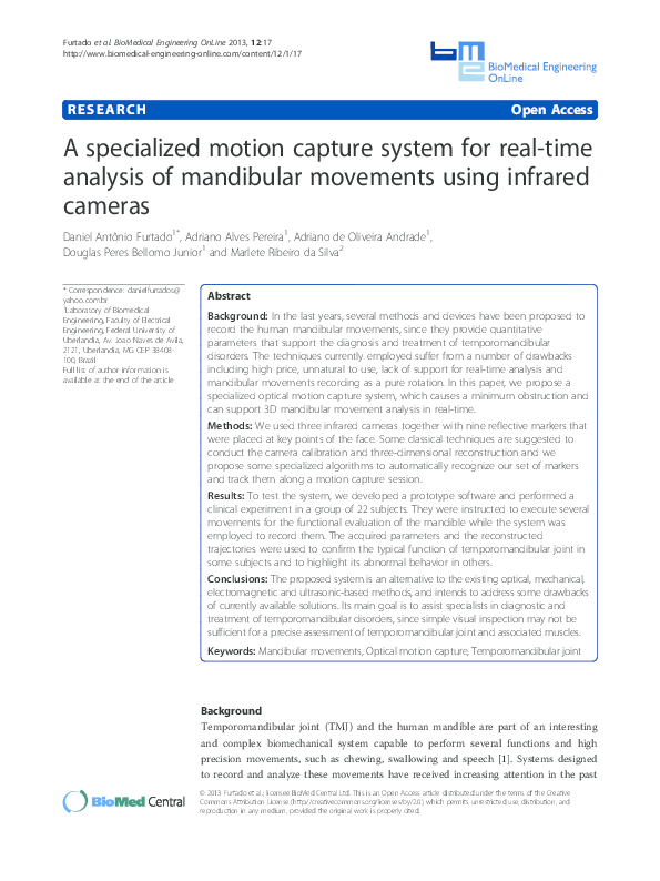 Pdf A Specialized Motion Capture System For Real Time Analysis Of Mandibular Movements Using
