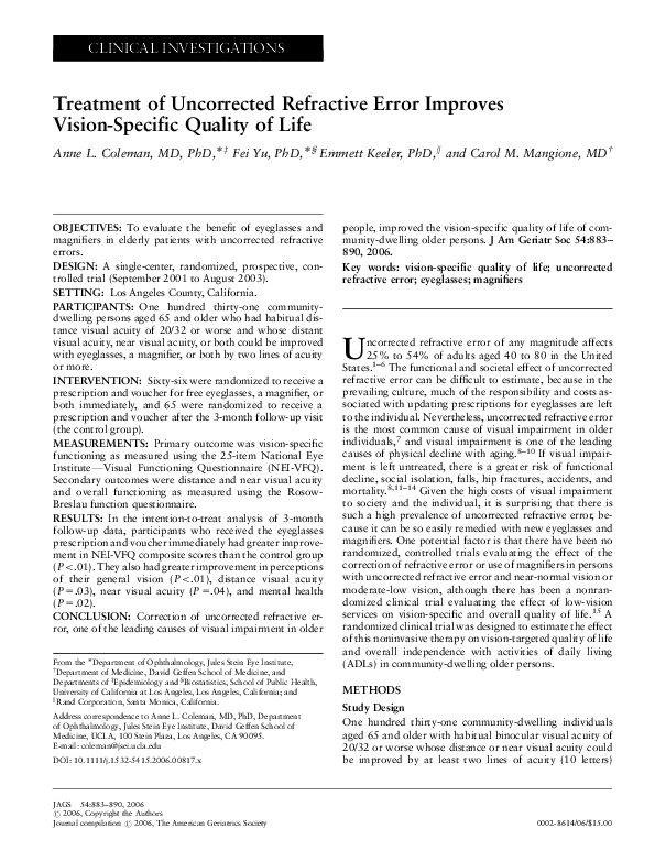 (PDF) Treatment of Uncorrected Refractive Error Improves Vision ...