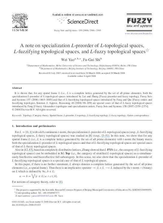 (PDF) A note on specialization L-preorder of L-topological spaces, L-fuzzifying topological ...