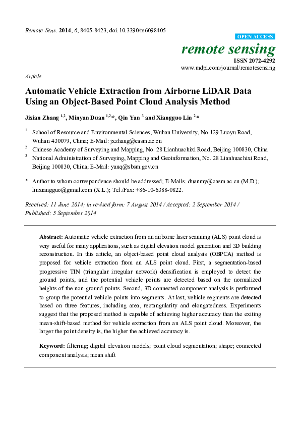 Pdf Automatic Vehicle Extraction From Airborne Lidar Data Of Urban Areas Aided By Geodesic