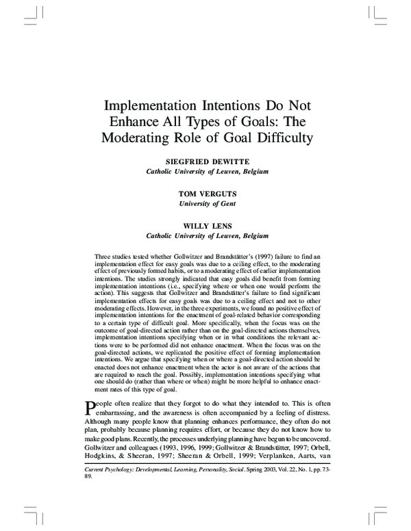 (PDF) Implementation intentions do not enhance all types of goals: The moderating role of goal ...