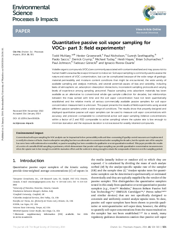 (PDF) Quantitative passive soil vapor sampling for VOCs- part 3: field ...
