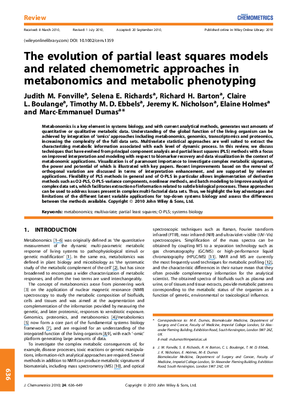 (PDF) The evolution of partial least squares models and related chemometric approaches in ...