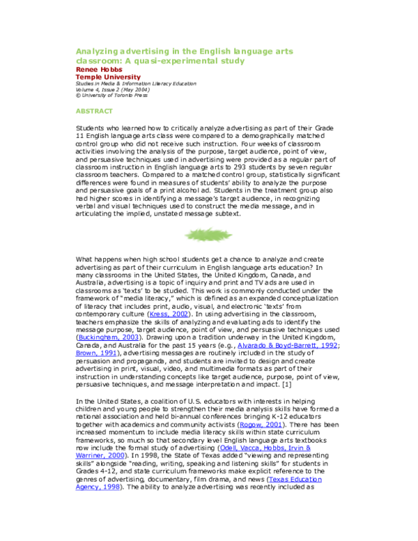 (PDF) Analyzing Advertising in the English Language Arts Classroom: A ...