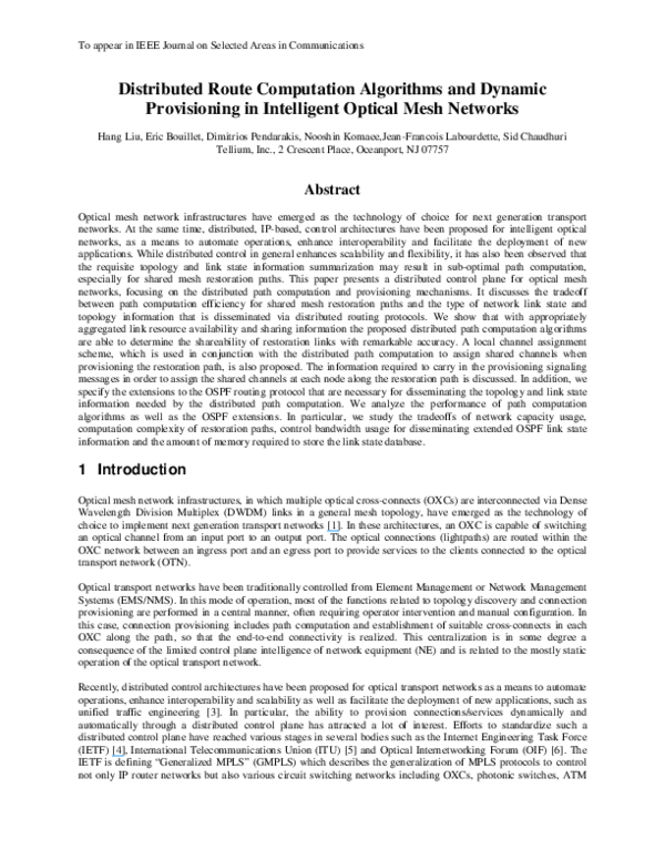 Pdf Distributed Route Computation And Provisioning In Shared Mesh
