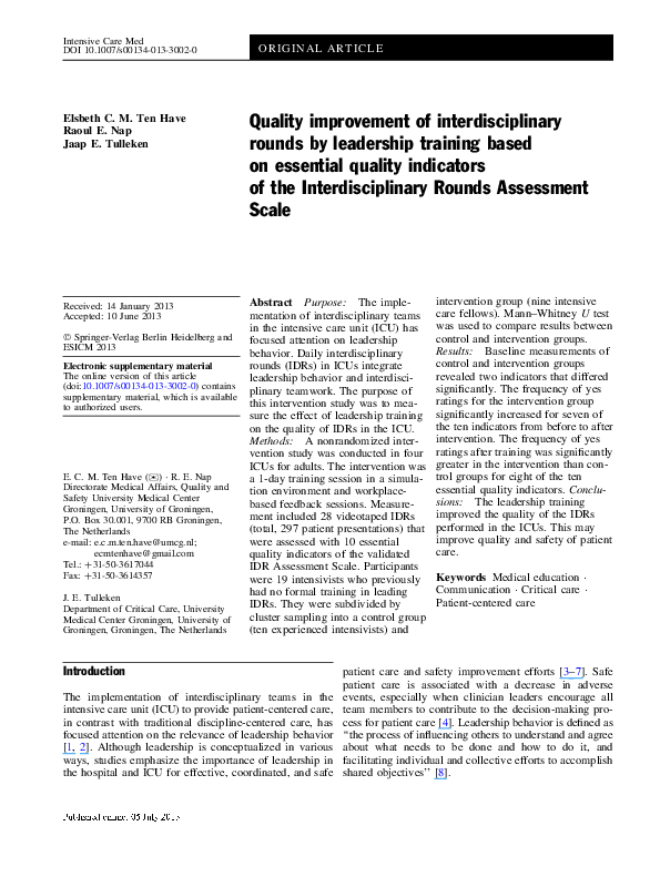 (PDF) Quality improvement of interdisciplinary rounds by leadership ...