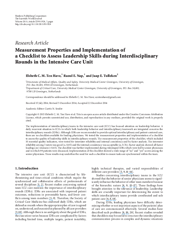 (PDF) Measurement properties and implementation of a checklist to ...