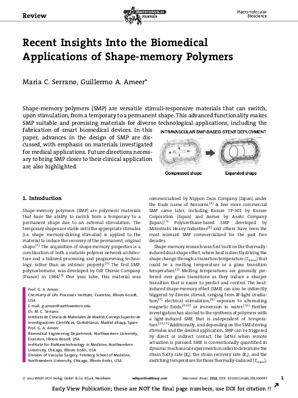 (PDF) Recent insights into the biomedical applications of shape-memory polymers