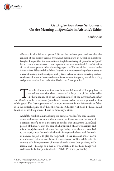 (PDF) Getting Serious about Seriousness, Aristotle on the meaning of ...